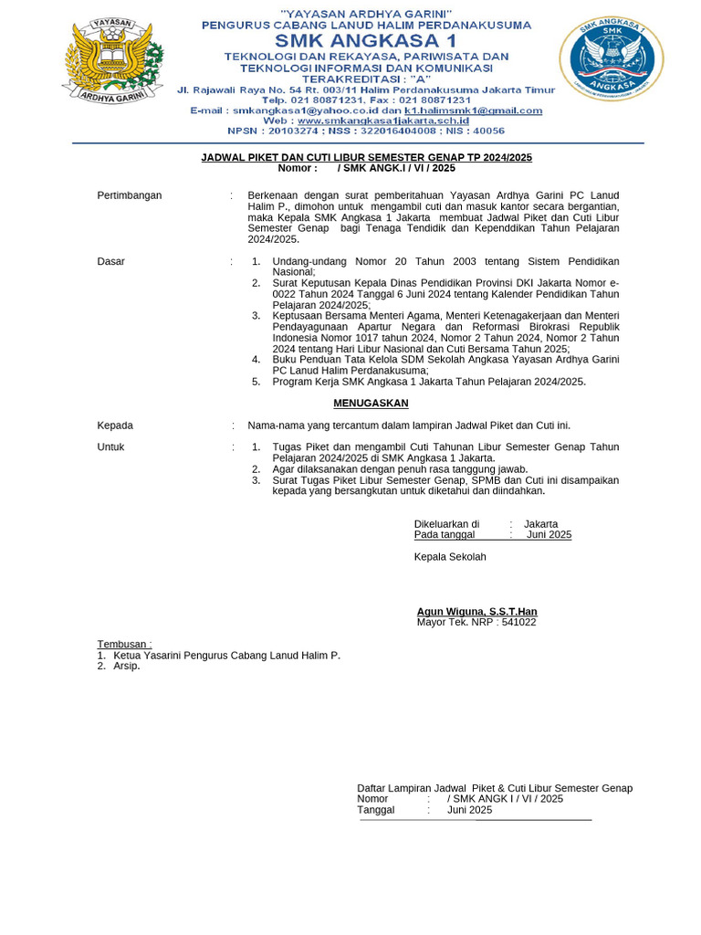 Jadwal Piket Dan Cuti Libur Semester Genap t.p 2024-2025 | PDF