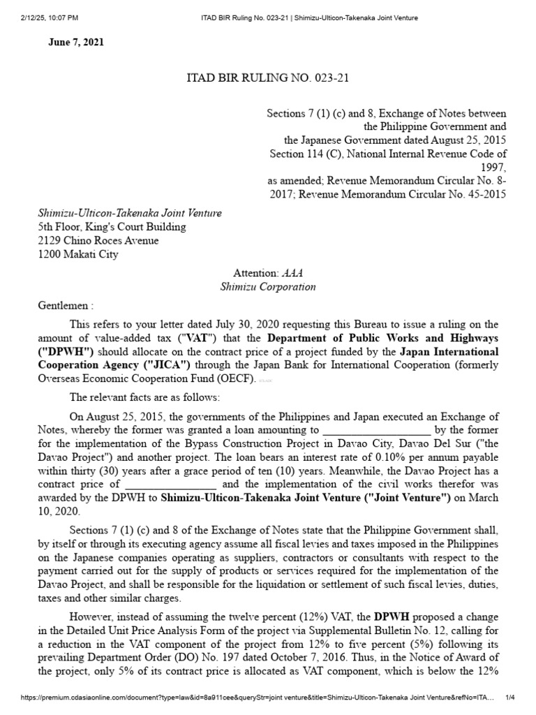 ITAD BIR Ruling No. 023-21 - Shimizu-Ulticon-Takenaka Joint Venture | PDF | Value Added Tax | Taxes