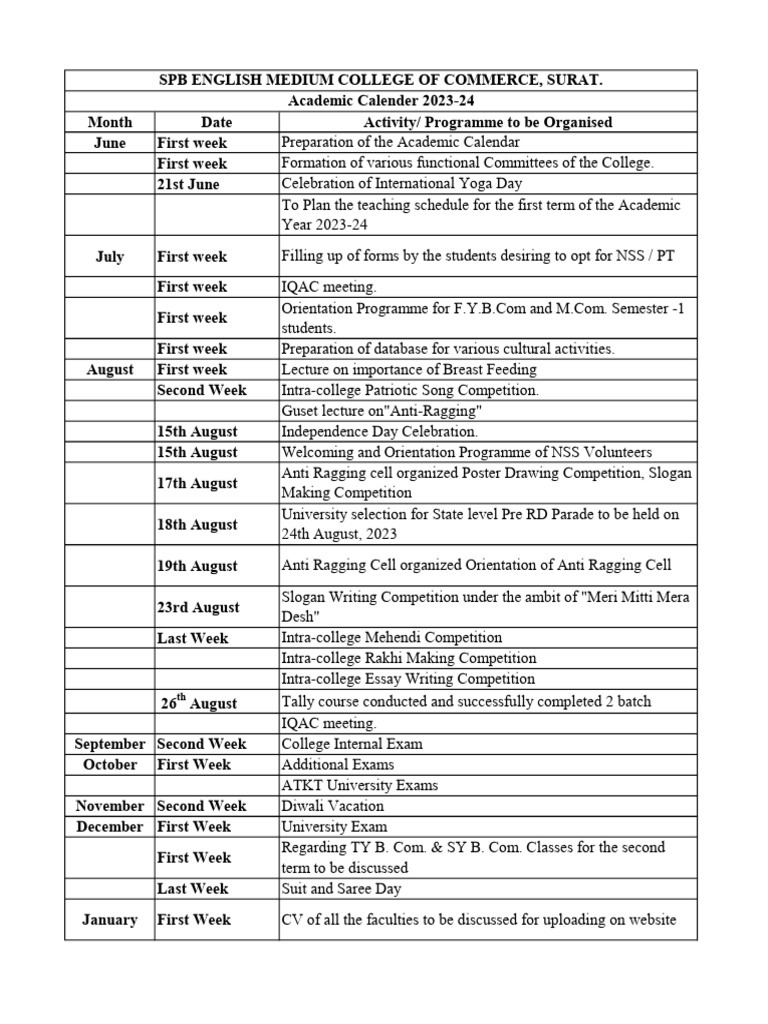 SPB College Academic Calendar 2023-24 | PDF | Academic Term ...