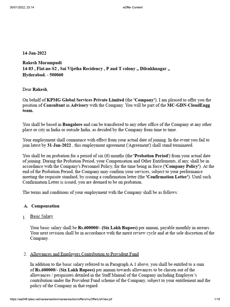 Rakesh M KPMG Offer Letter | PDF | Taxes | Breach Of Contract