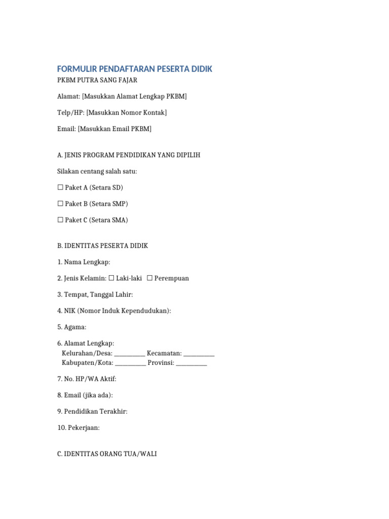 Formulir Pendaftaran PKBM Putra Sang Fajar | PDF