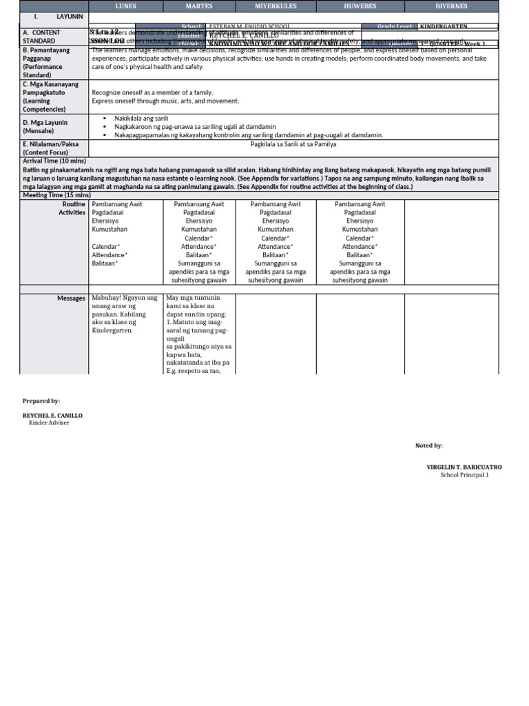 DLL Kindergarten q1 w1 | PDF