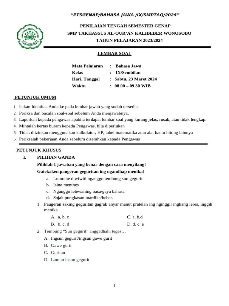 Soal PTS Kelas 9 SMT 2 | PDF