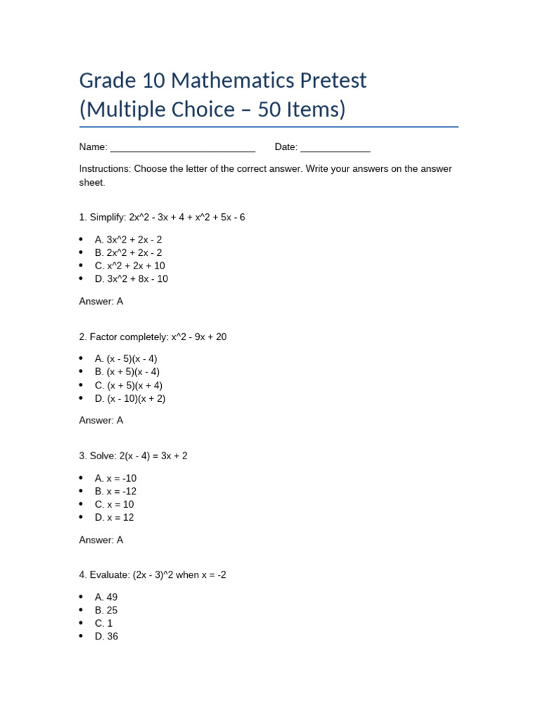 Grade 10 Math Pretest With Answer Key | PDF