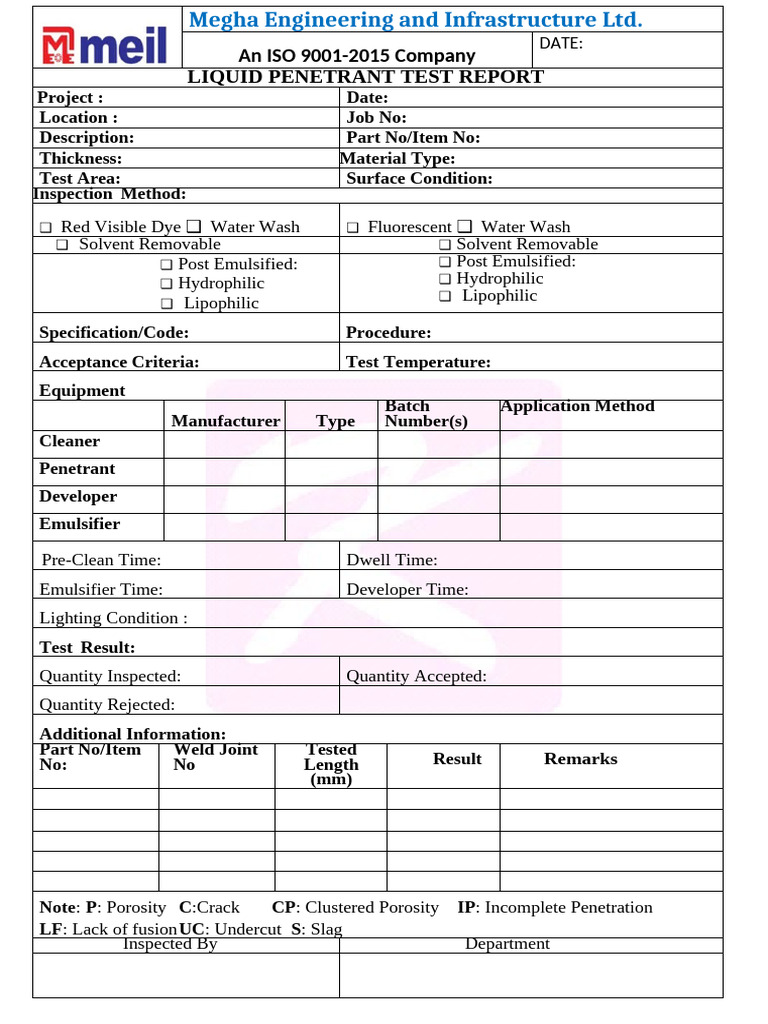 PT NDT Sample Test Report Format | PDF