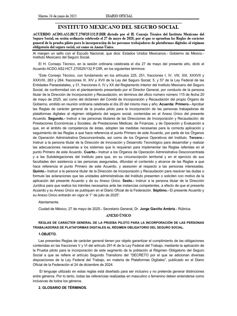ACUERDO ACDO - as2.HCT.270525-132.P.dir Prueba Piloto Trabajadores Plataformas Digitales DOF 24 ...