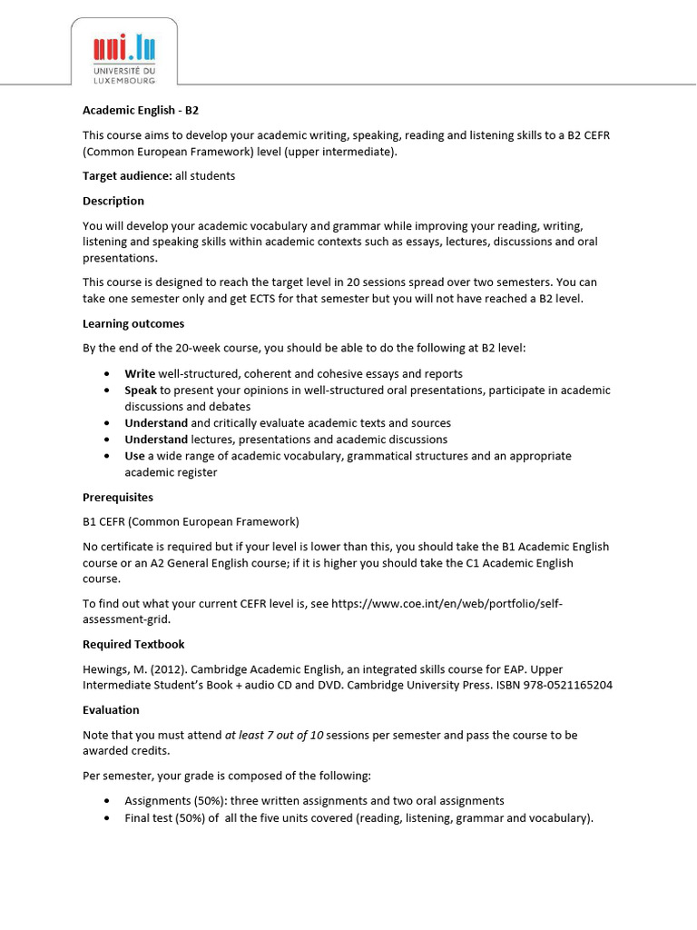 Academic English B2 Course Overview | PDF