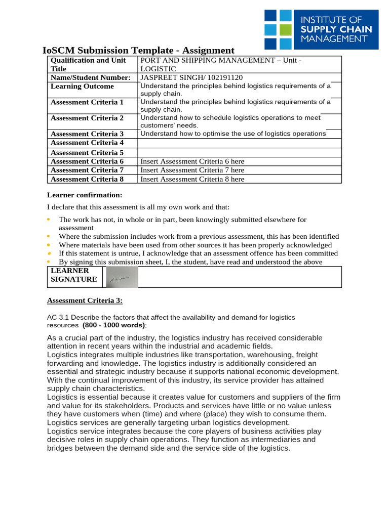 Assignment - Submission - Logistic Unit 3 | PDF | Logistics | Supply Chain