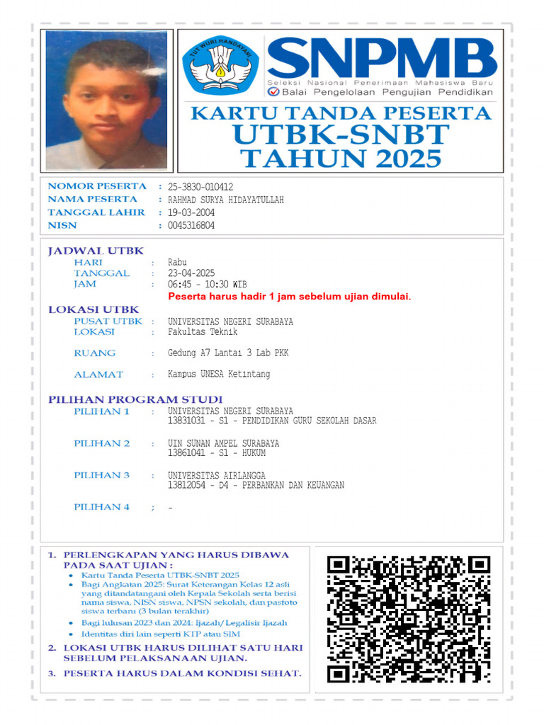 Kartu Peserta UTBK - 253830010412 | PDF