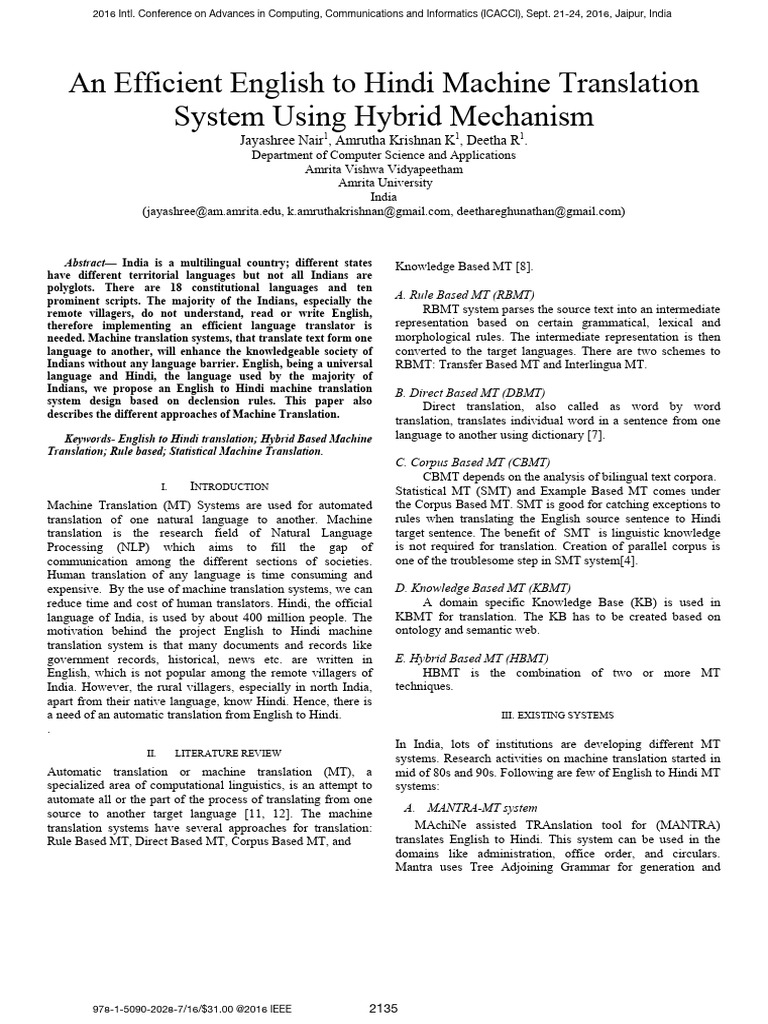 2016 - An Efficient English To Hindi Machine Translation System Using ...