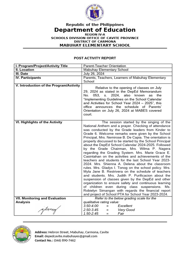 Parent-Teacher Orientation Post Activity | PDF | Learning
