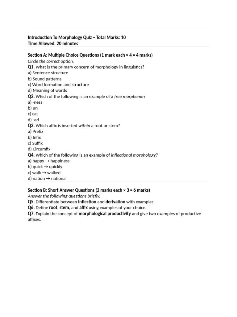 Morphology Quiz: Test Your Knowledge | PDF