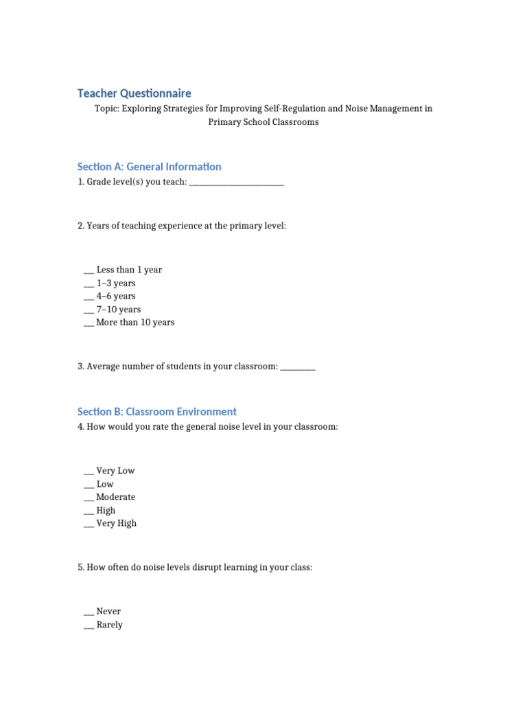 Teacher Questionnaire SelfRegulation NoiseManagement | PDF | Emotional ...