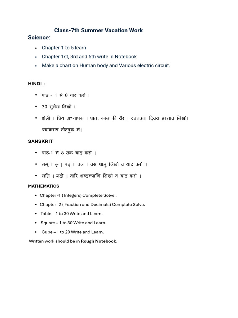 7th Class Summer Vocation Work | PDF