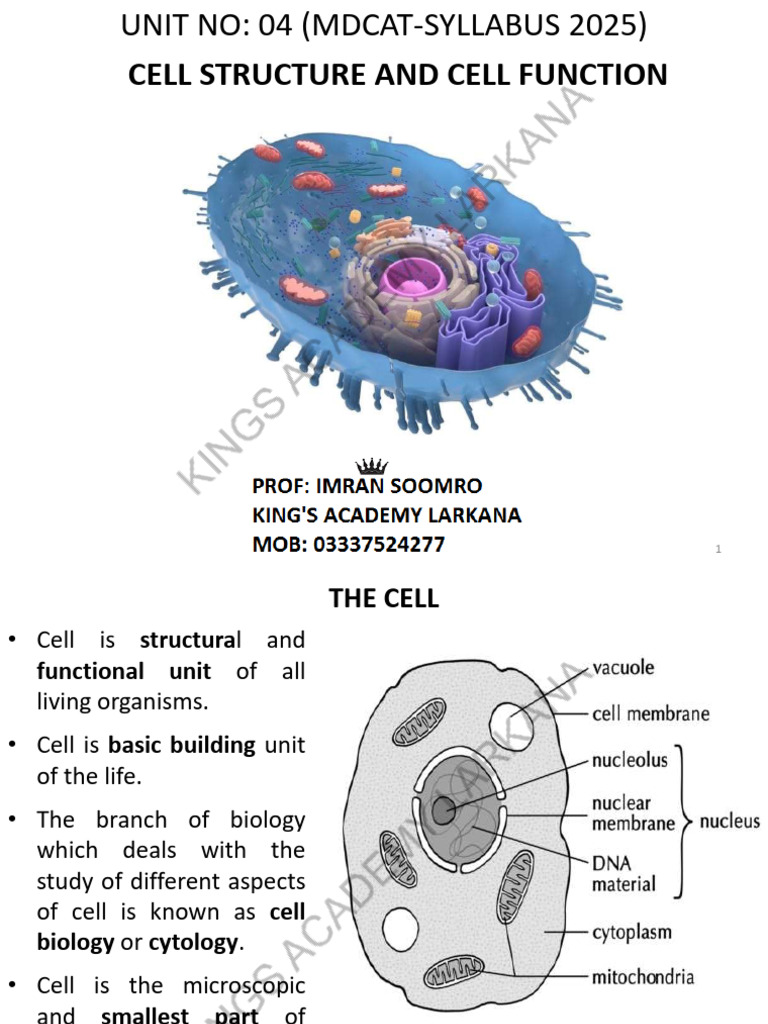 Unit No.04 Cell Structure and Function By. PROF. DR. IMRAN SOOMRO | PDF ...