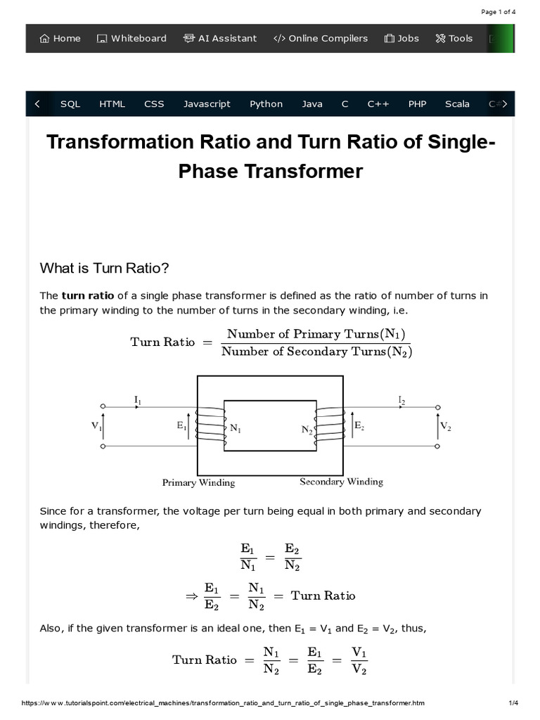 Transformation Ratio and Turn Ratio of Single Phase Transformer | PDF ...