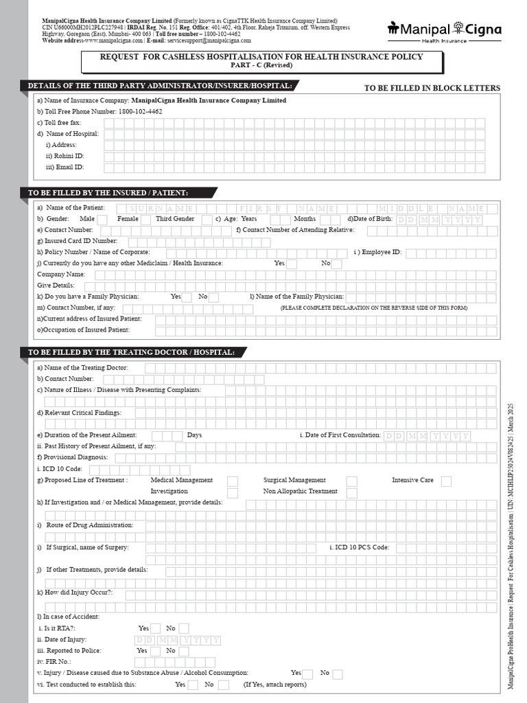 Cashless Hospitalisation Request Form For Health Insurance Claims ...