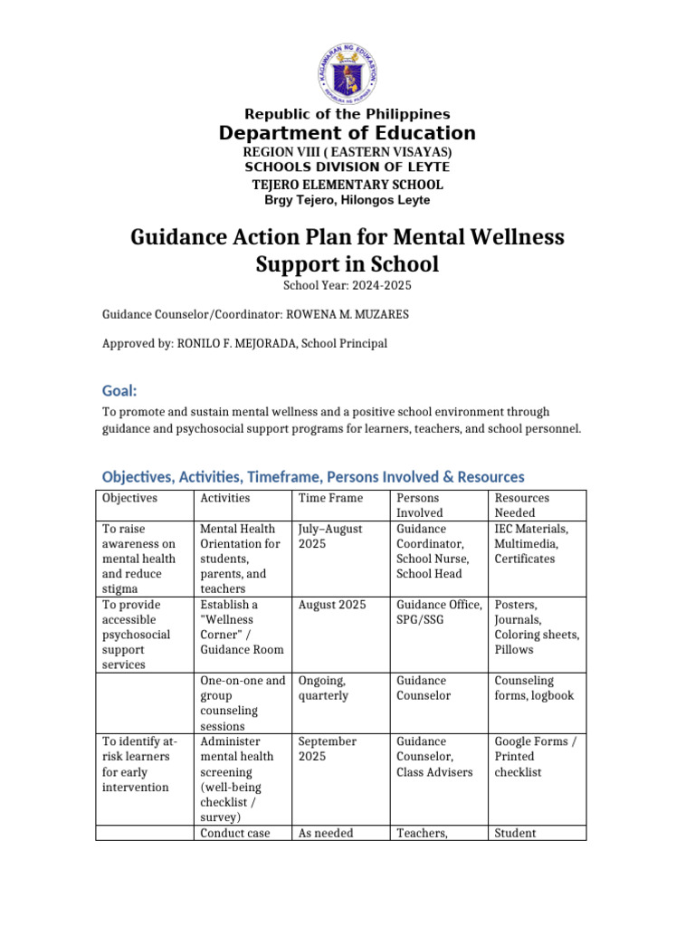 Mental Wellness Guidance Action Plan | PDF | School Counselor ...