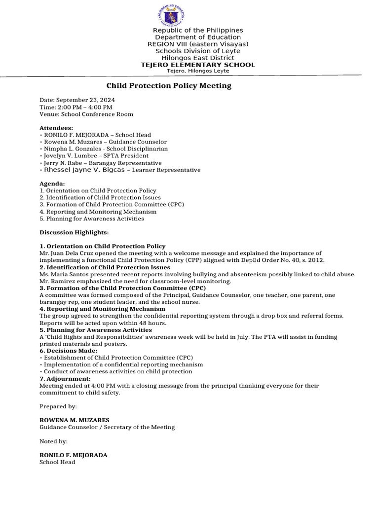 Child Protection Policy Meeting Summary | PDF