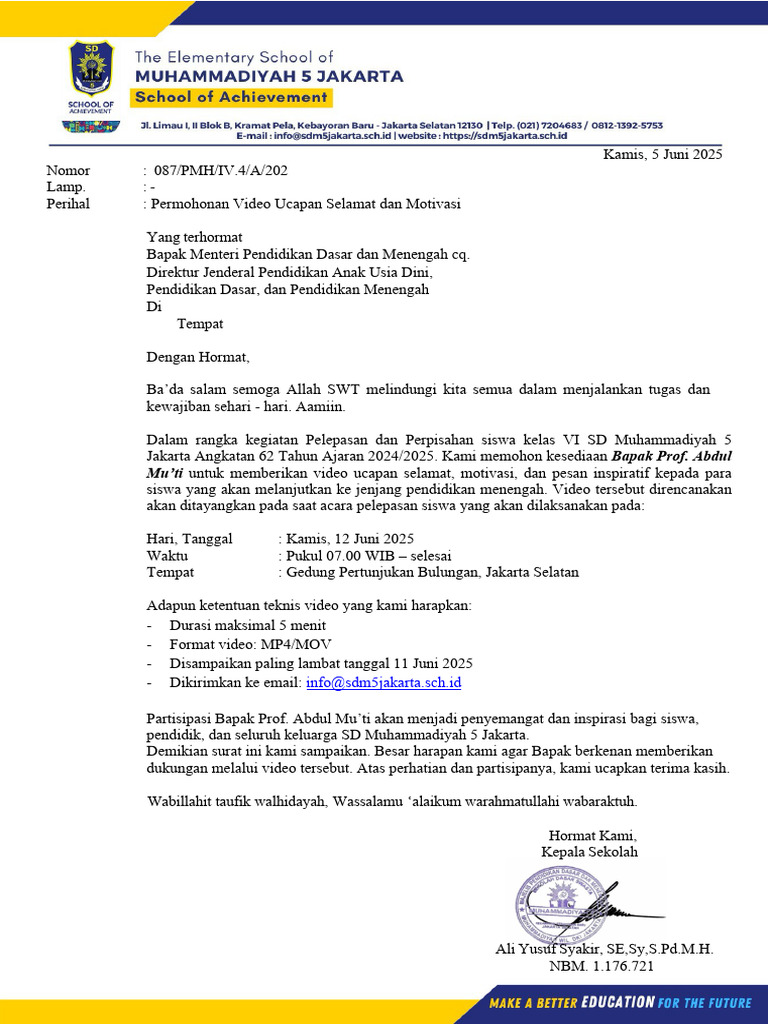 SD Muhammadiyah 5 Jakarta - Surat Permohonan | PDF