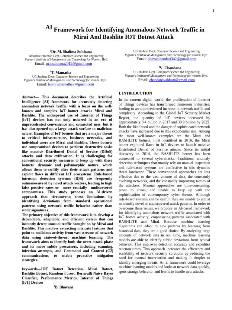 Ai Framework For Identifying Anomalous Network Traffic In Mirai And Bashlite Iot Botnet Attack