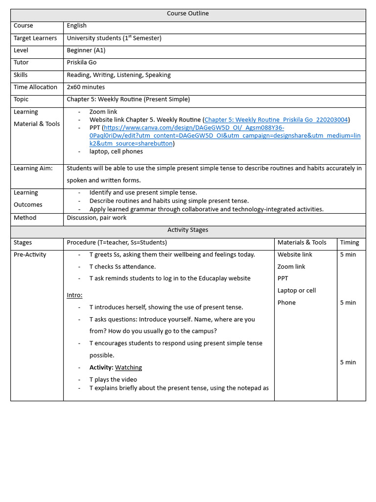 Lesson Plan Weekly Routine Beginner - Priskila Go | PDF | Accuracy And ...