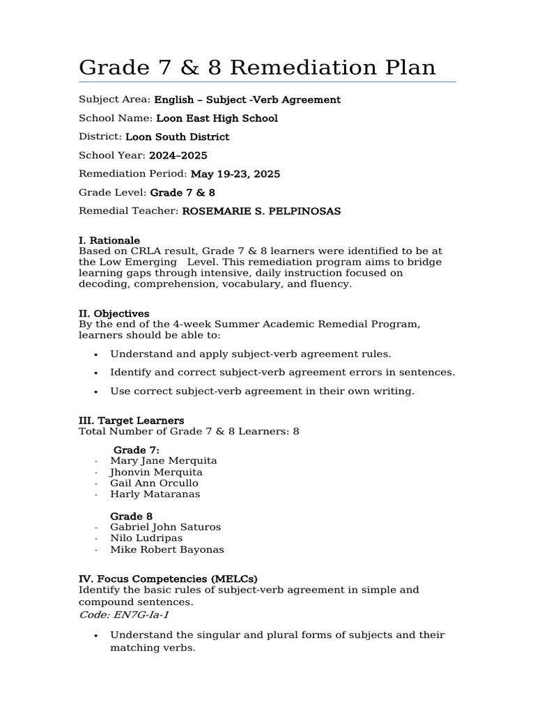 English Reading Literacy Summer Sample Remediation Plan | PDF | Adverb ...