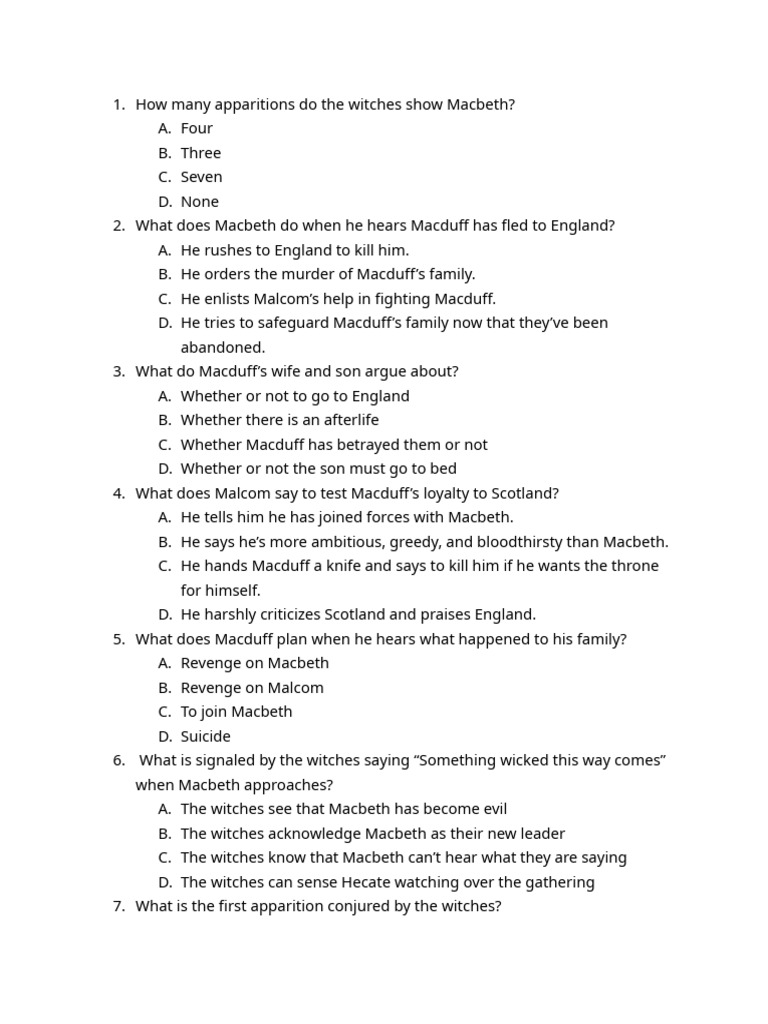 Macbeth Act 4: Key Questions & Answers | PDF | Macbeth | Shakespearean ...