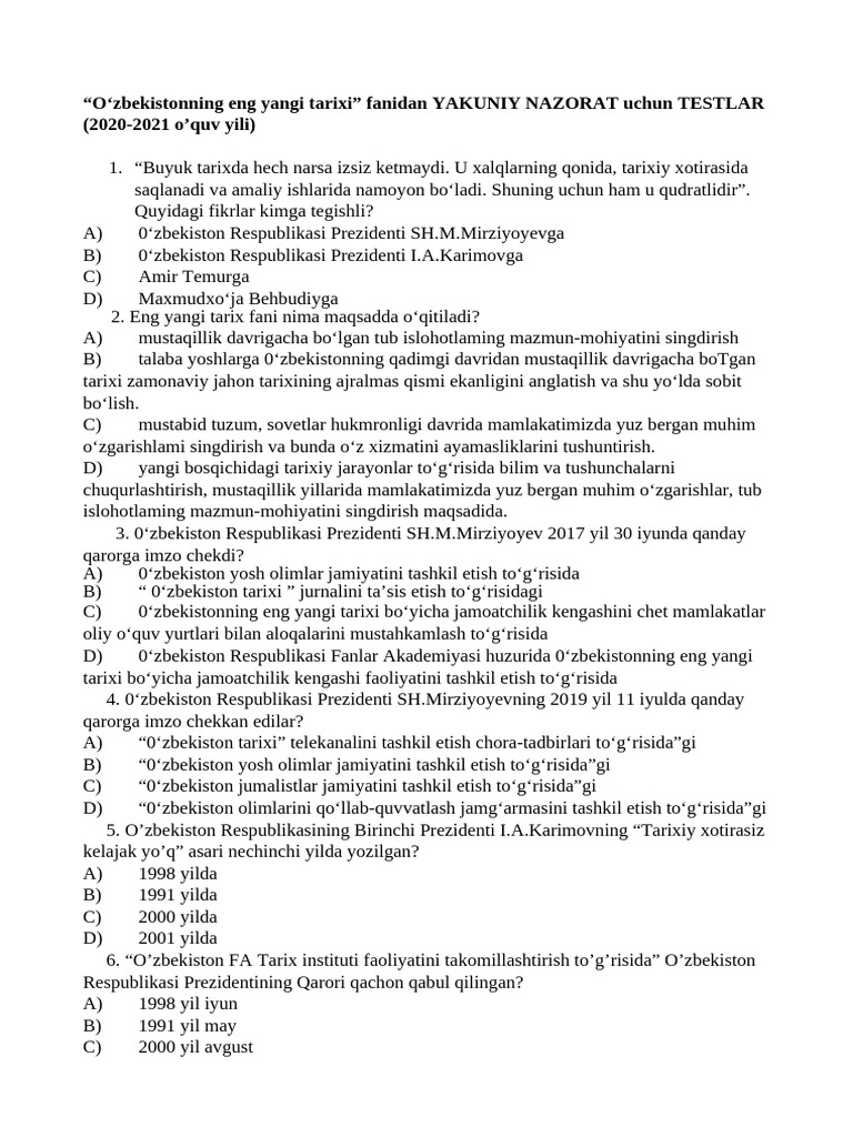 O Zbekistonning Eng Yangi Tarixi" Fanidan Yakuniy Nazorat Uchun | PDF