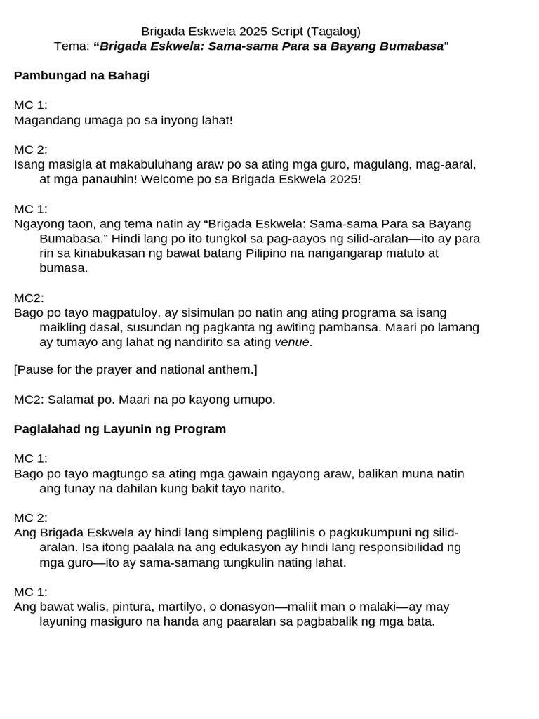 Brigada Eskwela 2025 Script - TAGALOG | PDF