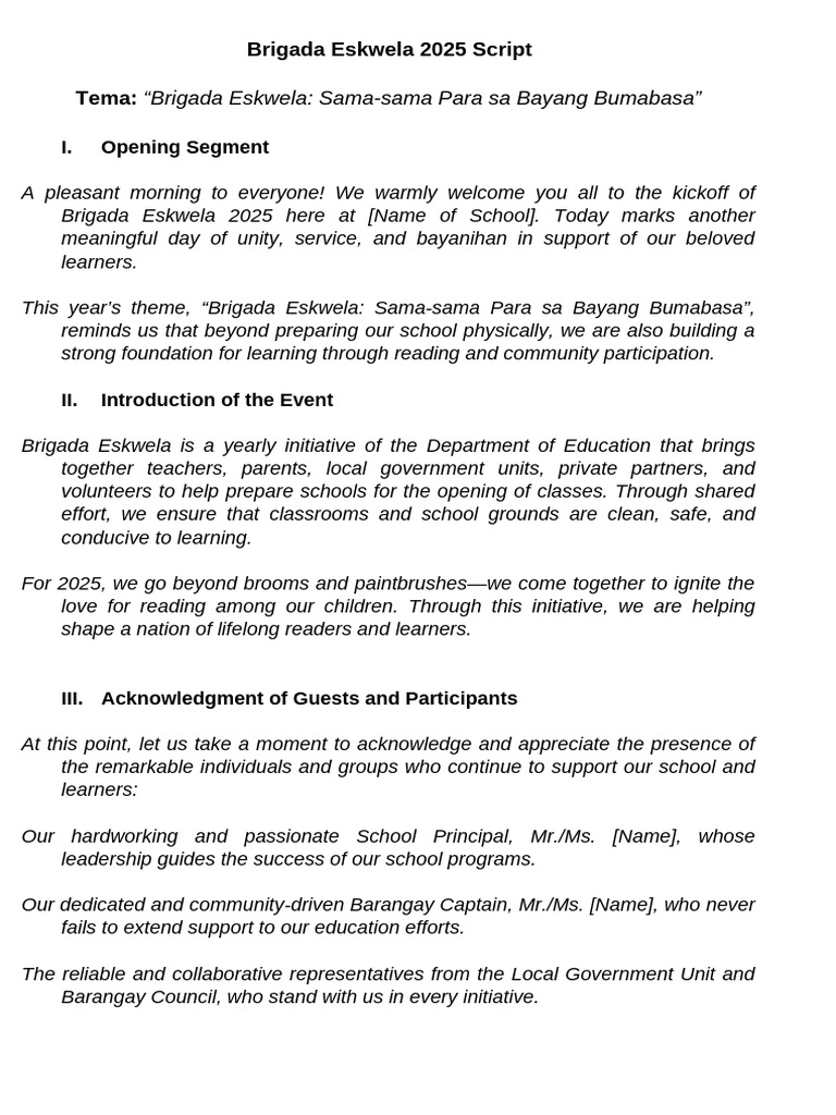 V2 - Brigada Eskwela 2025 Script - EnGLISH - SINGLE MC | PDF | Learning | Classroom