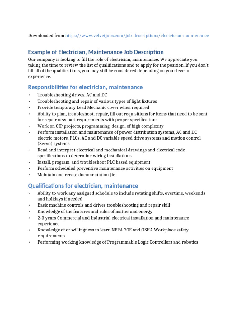 Electrician Maintenance Job Description | PDF
