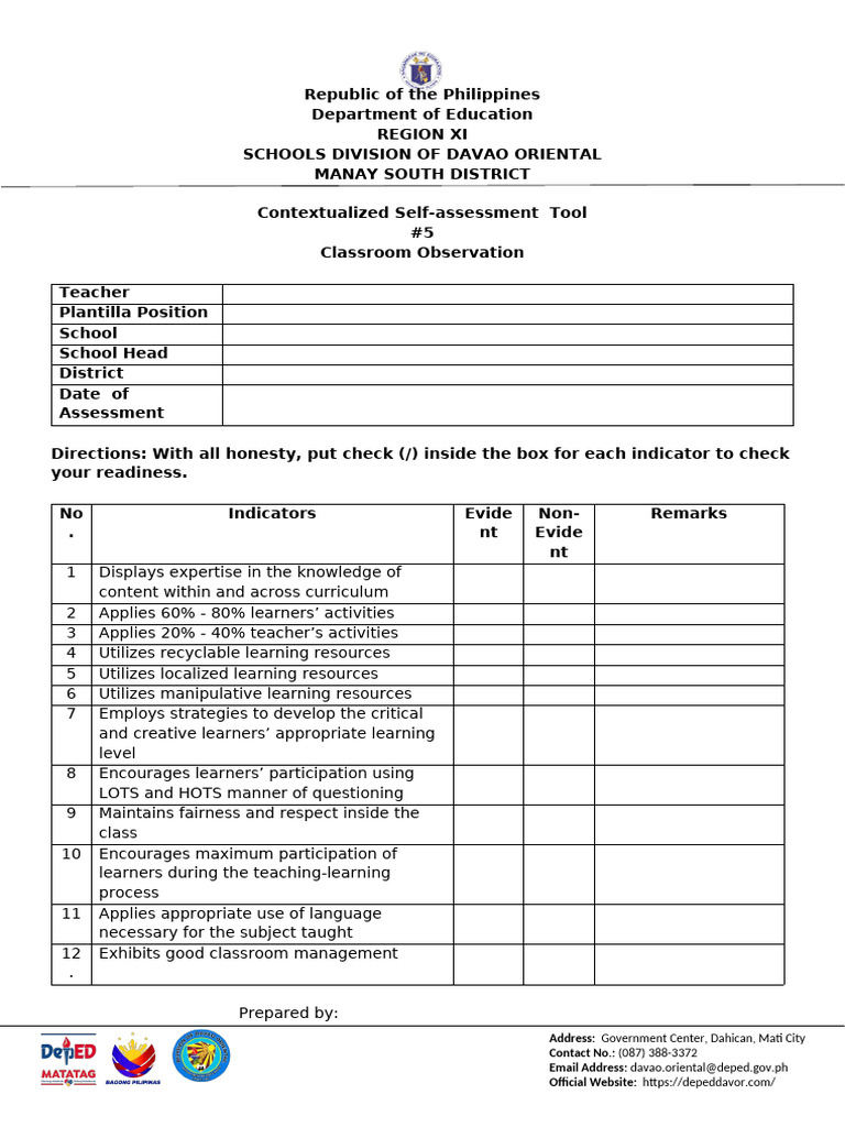 Contextualized Self-Assessment Tool No.5 | PDF | Teachers | Learning