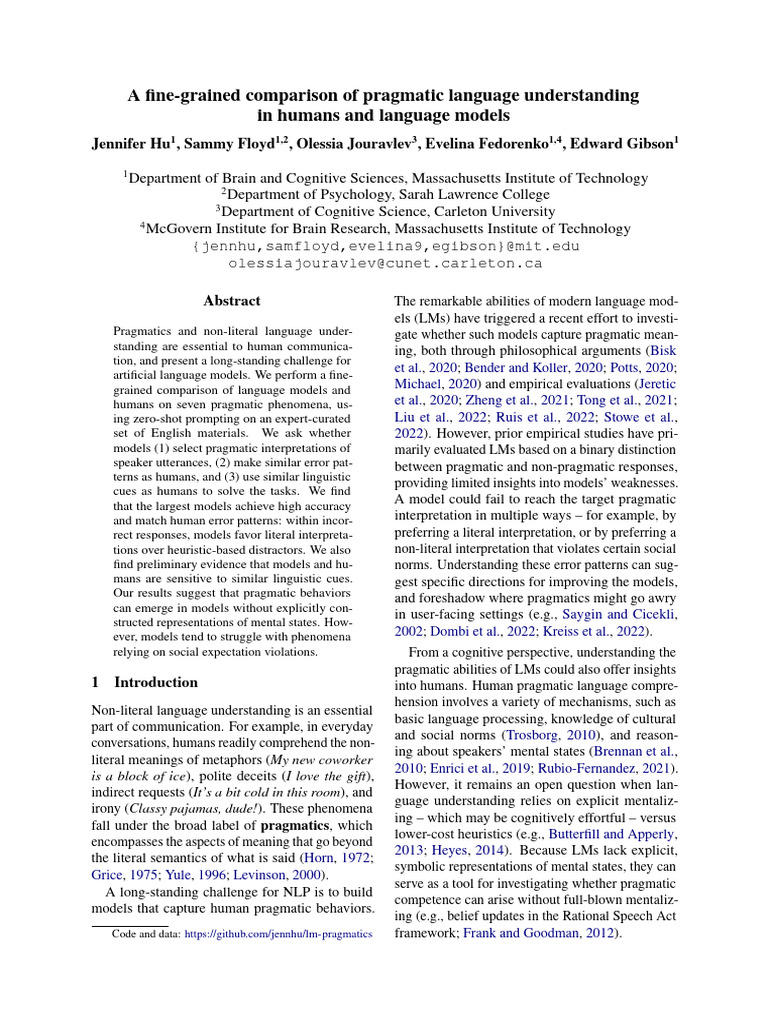 A Fine-Grained Comparison of Pragmatic Language Understanding in Humans and Language Models ...