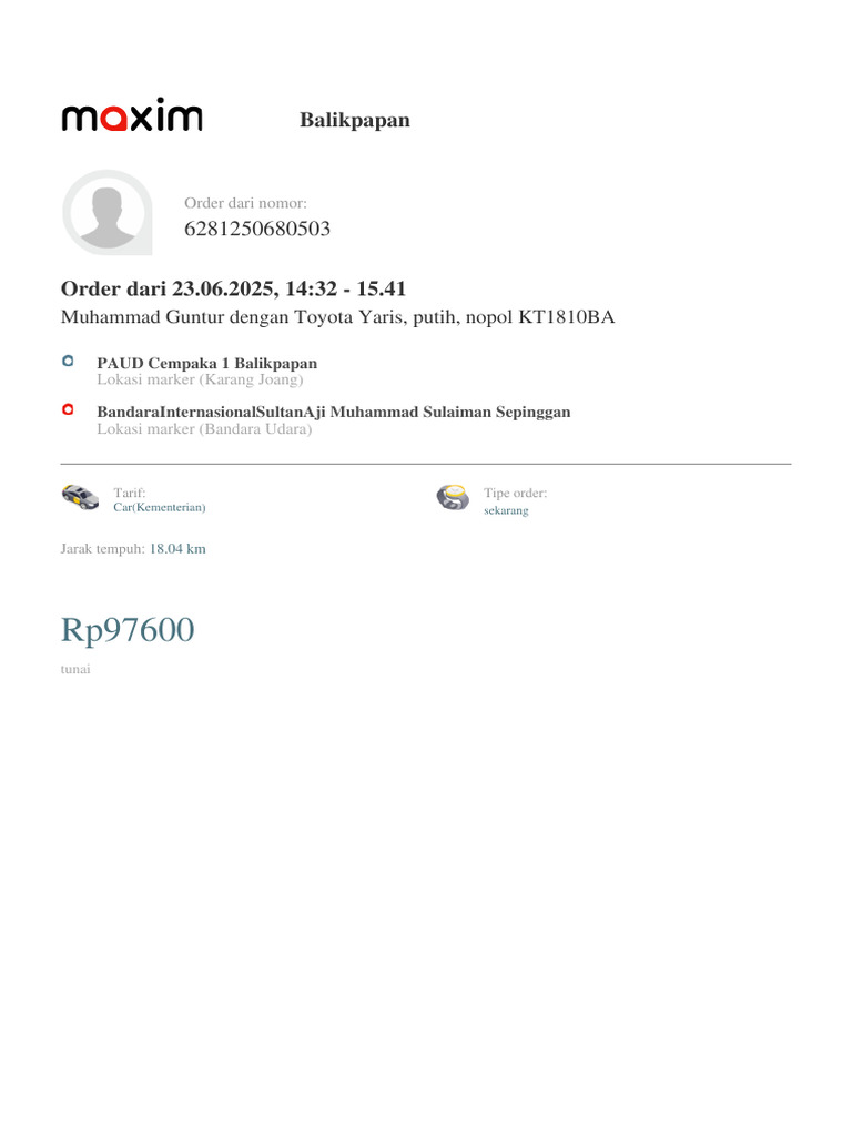 Bukti Perjalanan Dengan Maxim Indonesia | PDF