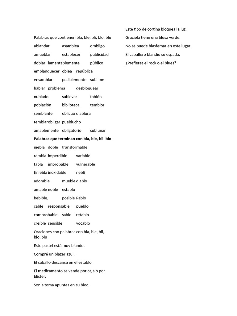 Palabras con bla, ble, bli, blo, blu | PDF