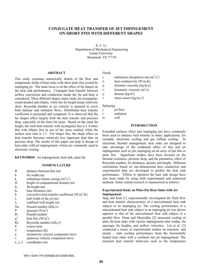 Conjugate Heat Transfer of Jet Impingement On Short Fins With Different ...