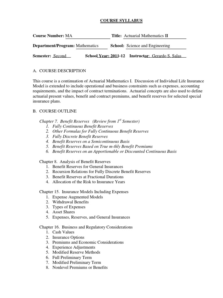 Actuarial Mathematics Ii Course Syllabus Actuary Actuarial Science