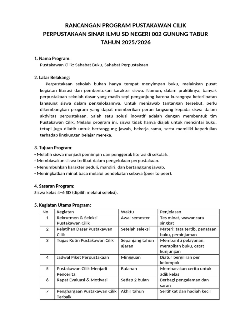 Program Pustakawan Cilik SD Updated | PDF