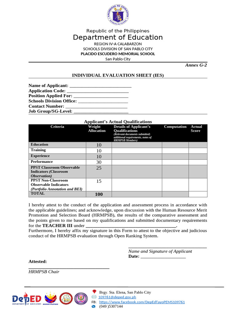 Individual Evaluation Sheet (Ies) | PDF