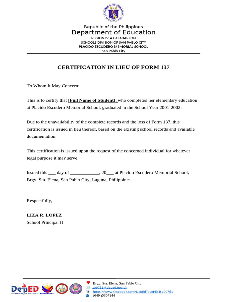 Certification in Lieu of Form 137 | PDF