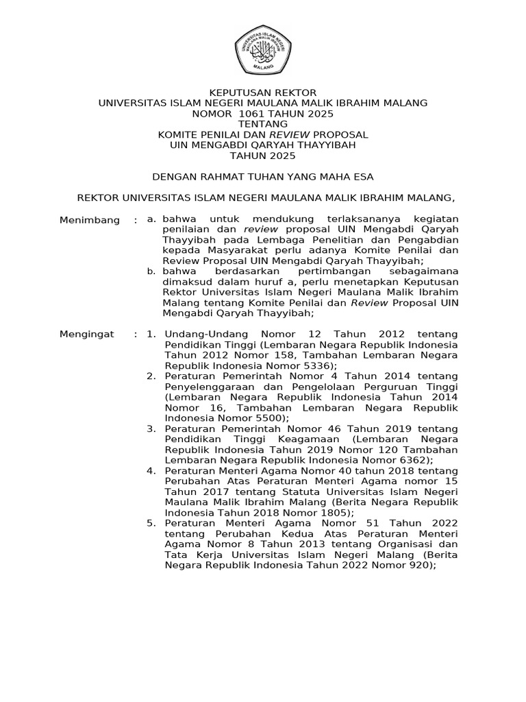 SK - 1061 Komite Penilai Dan Review Proposal UIN Mengabdi Qaryah Thayyibah Tahun 2025 | PDF