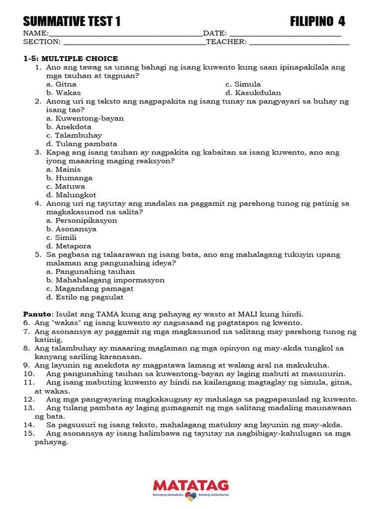 Filipino 4 Summative 01 | PDF