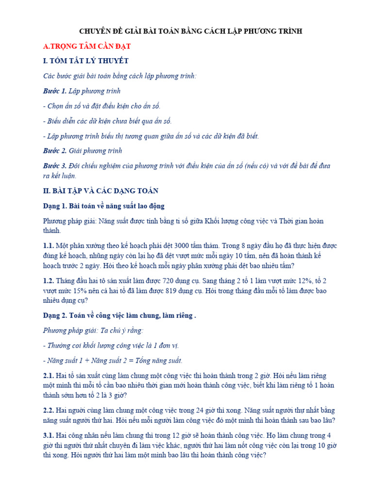 Chuyen de Giai Bai Toan Bang Cach Lap Phuong Trinh | PDF