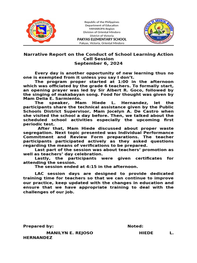 Narrative Report On SLAC Sept 2024 | PDF