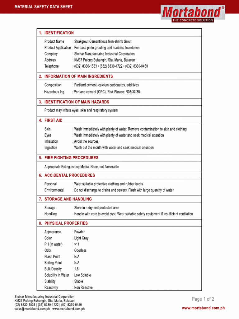 Strakgrout MSDS: Safety & Handling Guide | PDF