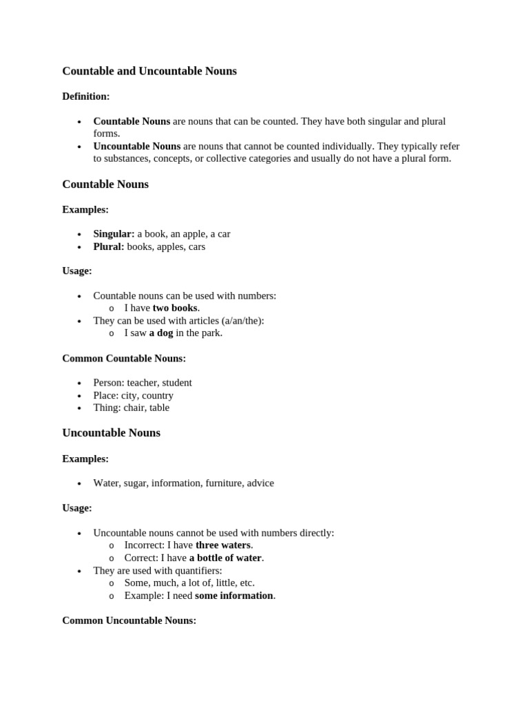 Countable and Uncountable Nouns | PDF | Noun | Plural