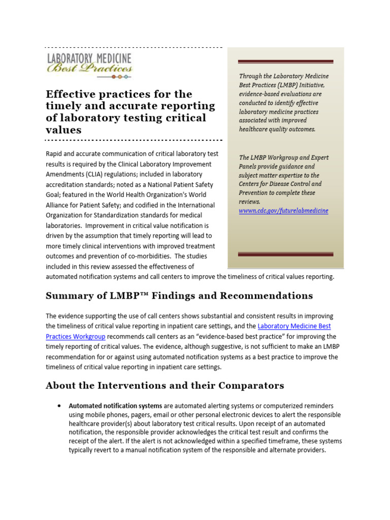 Timely Reporting of Critical Lab Values | PDF | Patient Safety ...