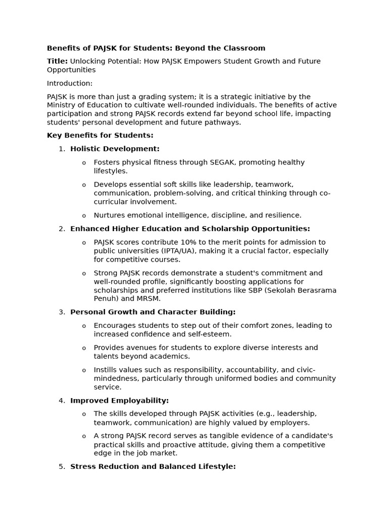 Benefits of PAJSK for Students Beyond the Classroom | PDF | Leadership ...