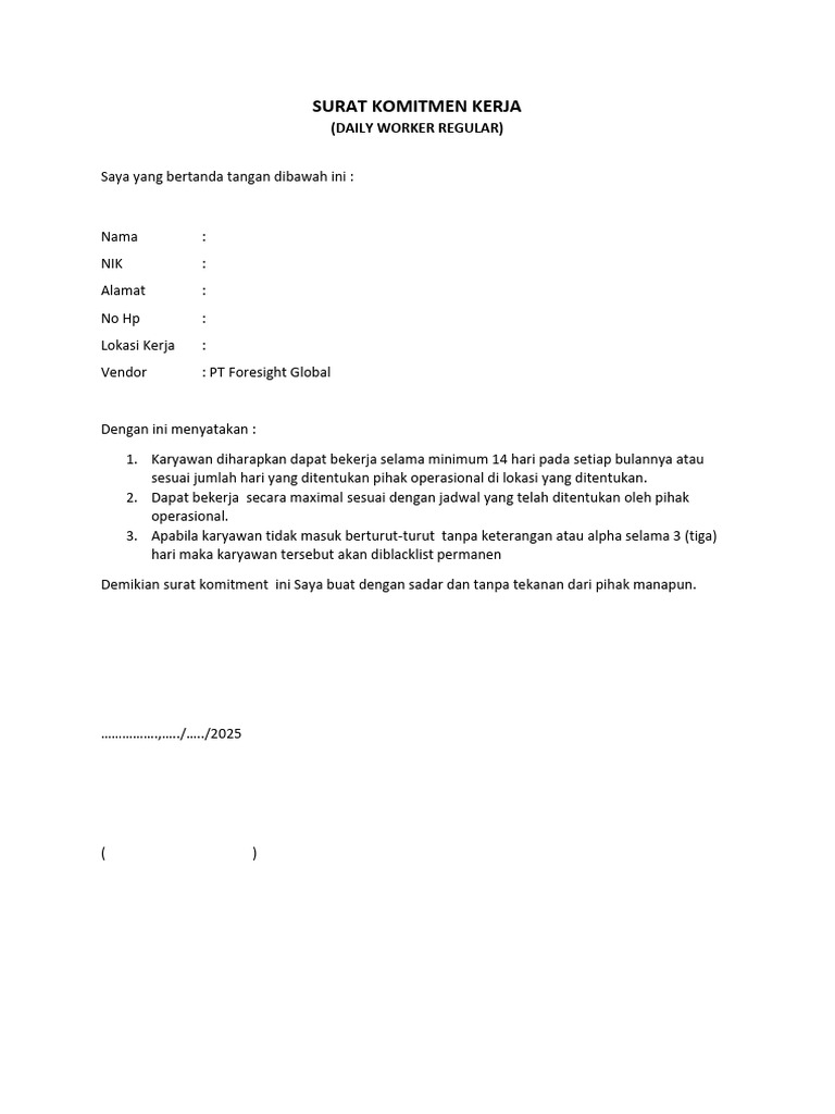 Surat Komitmen Kerja | PDF